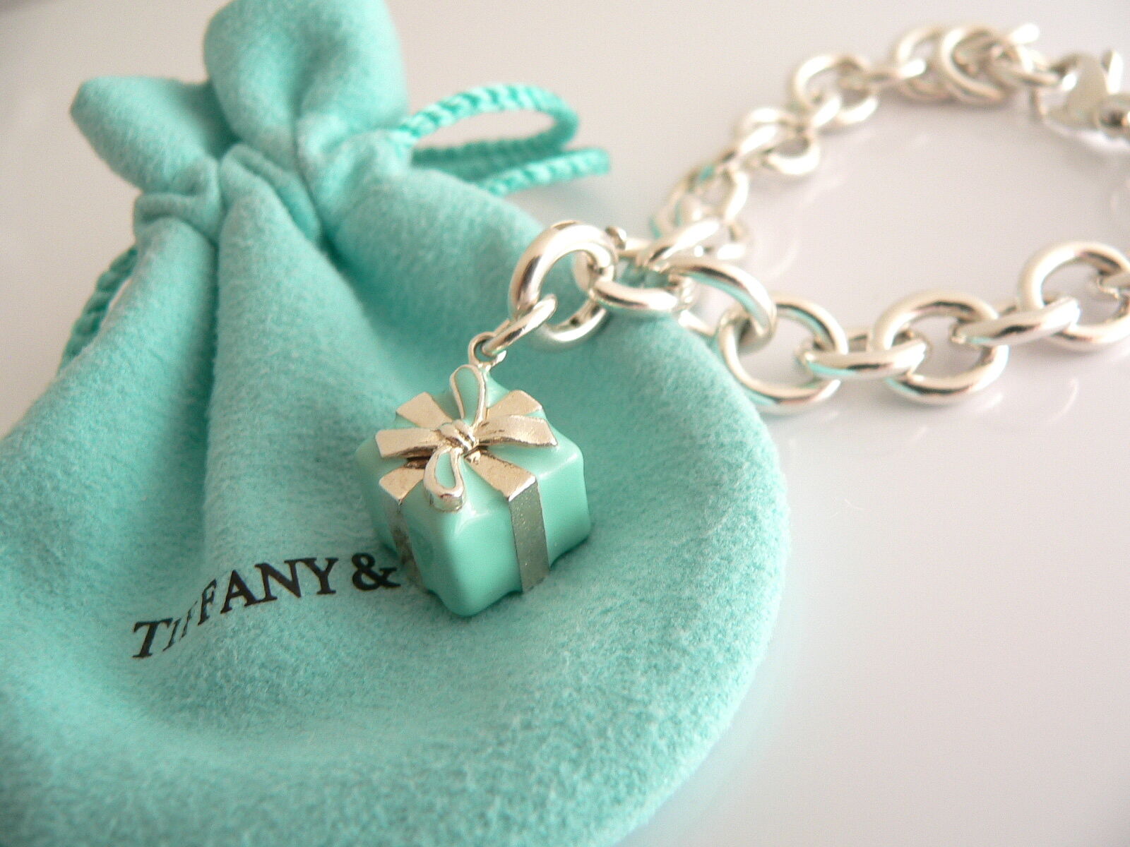Home › Tiffany & Co Silver Blue Enamel Gift Box Bracelet Bangle Charm ...