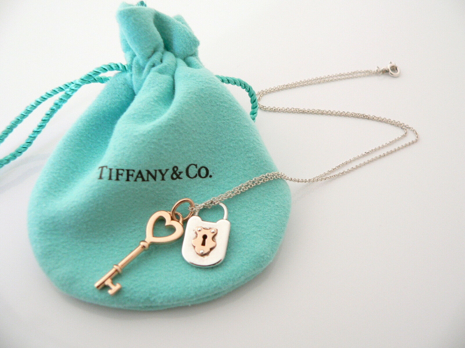 Home › Tiffany Co Silver 18K Rose Gold Heart Key Locks Necklace Pendant ...