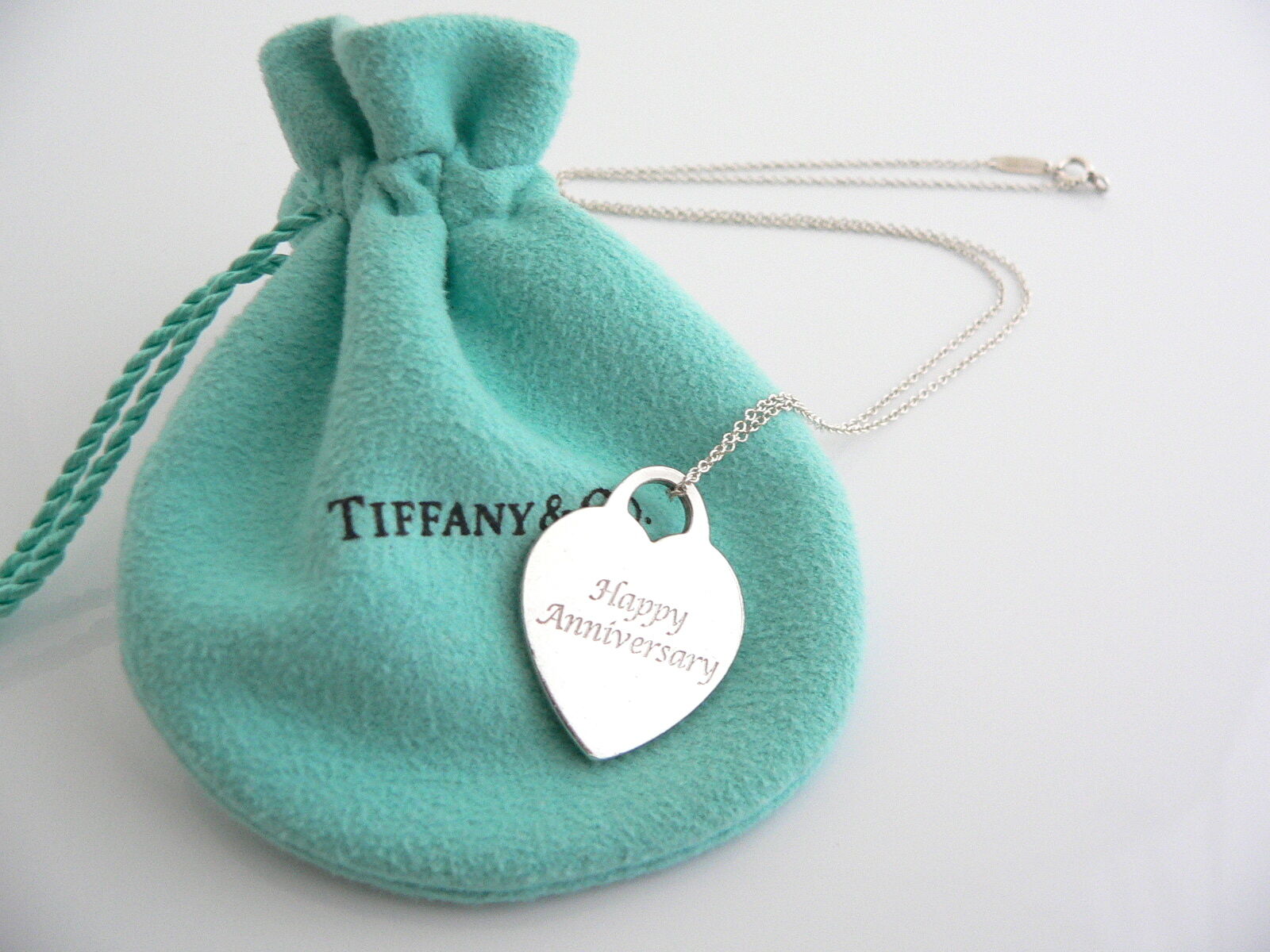 Tiffany Co Silver Heart HAPPY ANNIVERSARY Medium Necklace Pendant Charm Chain