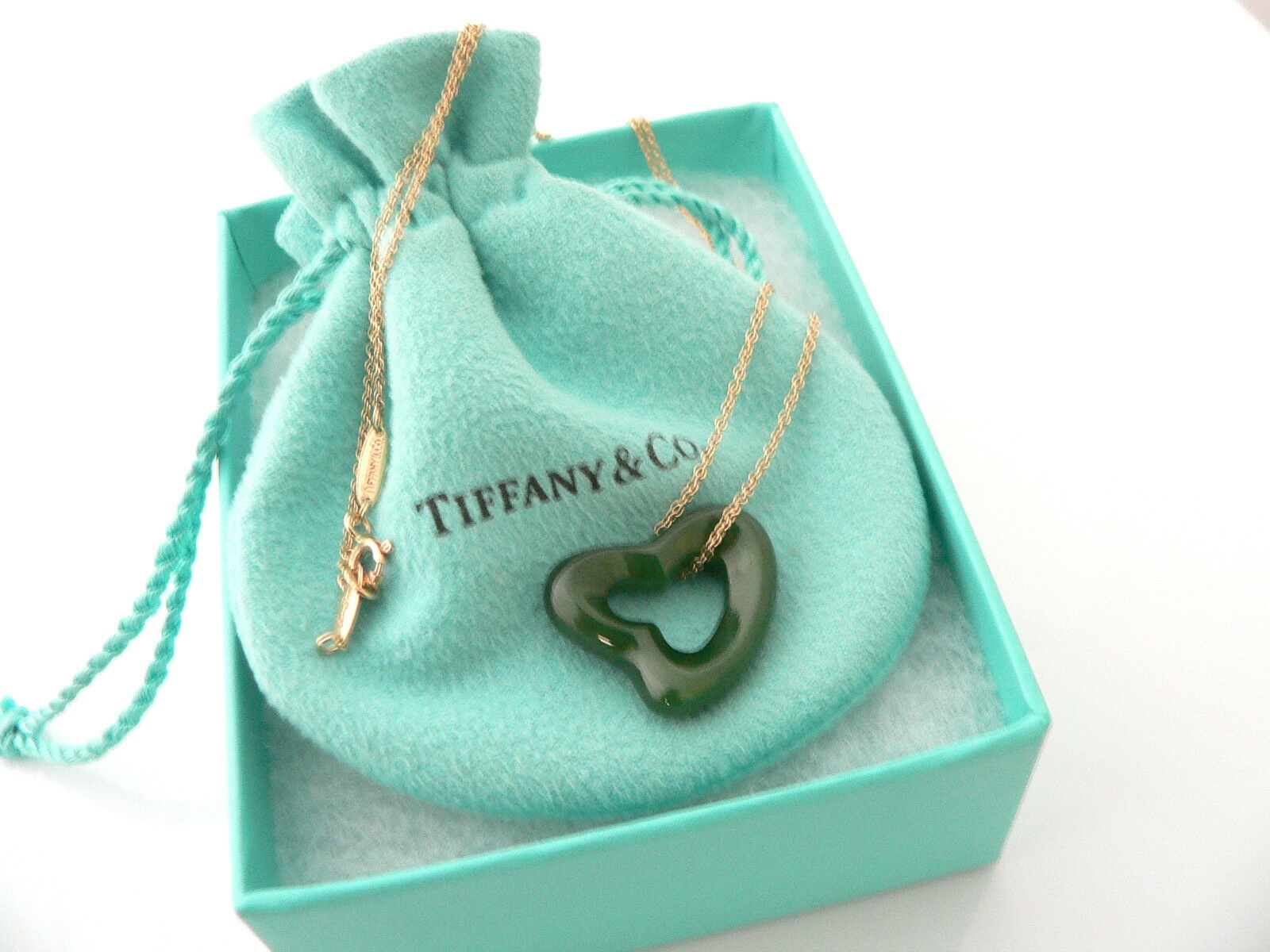 Home › Tiffany & Co 18K Gold Large Jade Gemstone Heart Necklace Pendant ...