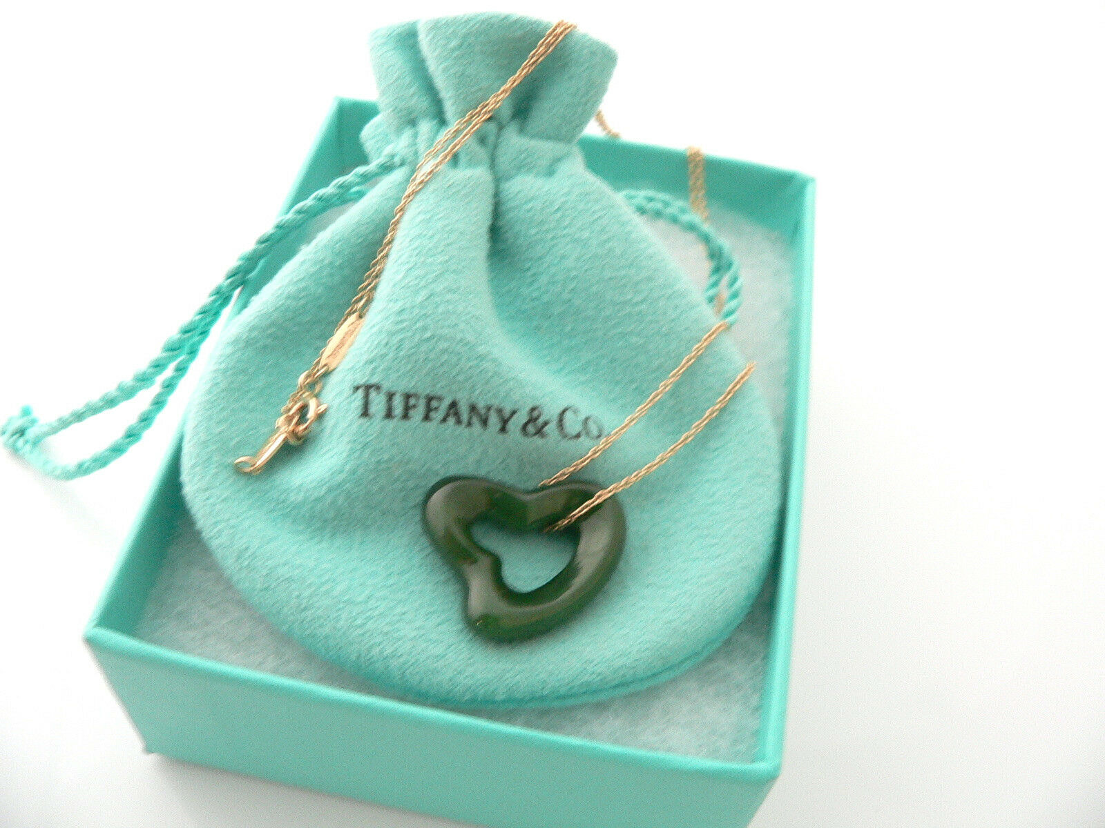 Home › Tiffany & Co 18K Gold Large Jade Gemstone Heart Necklace Pendant ...