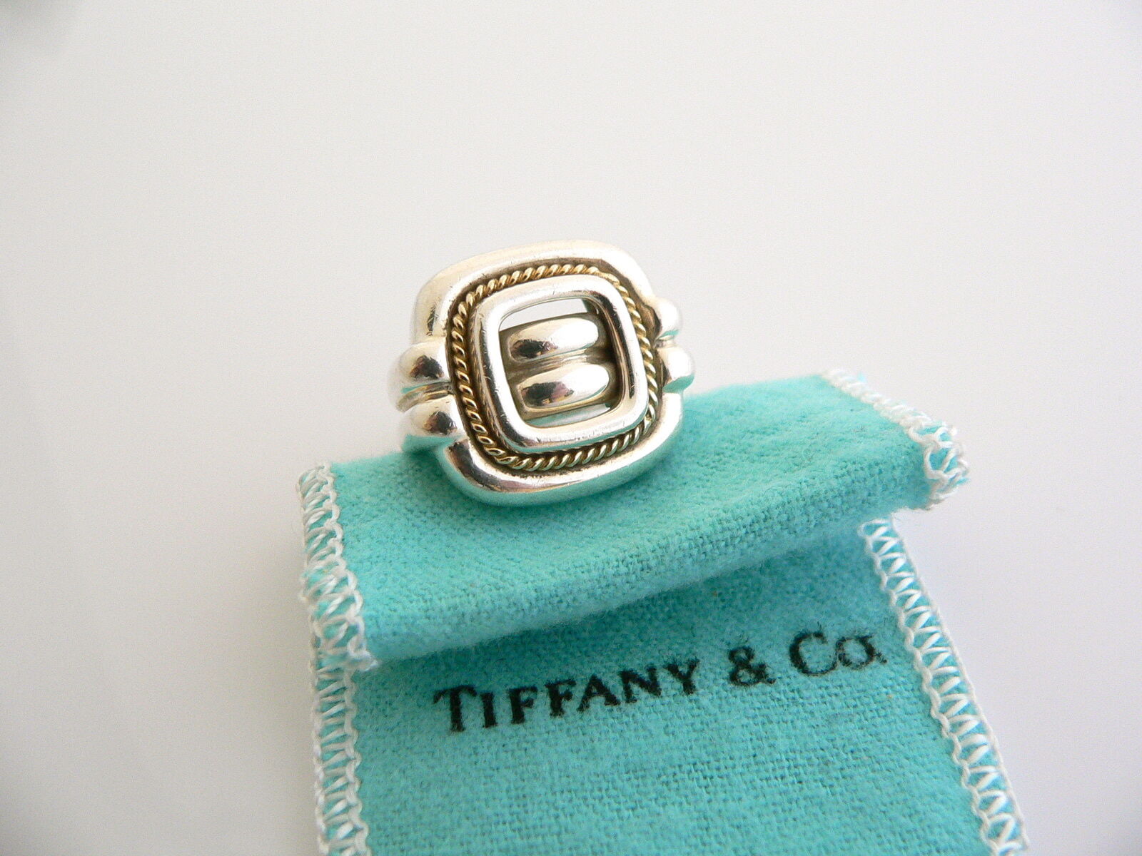 Home › Tiffany & Co Silver 18K Gold Rope Square Ring Band 6 Rare Gift ...
