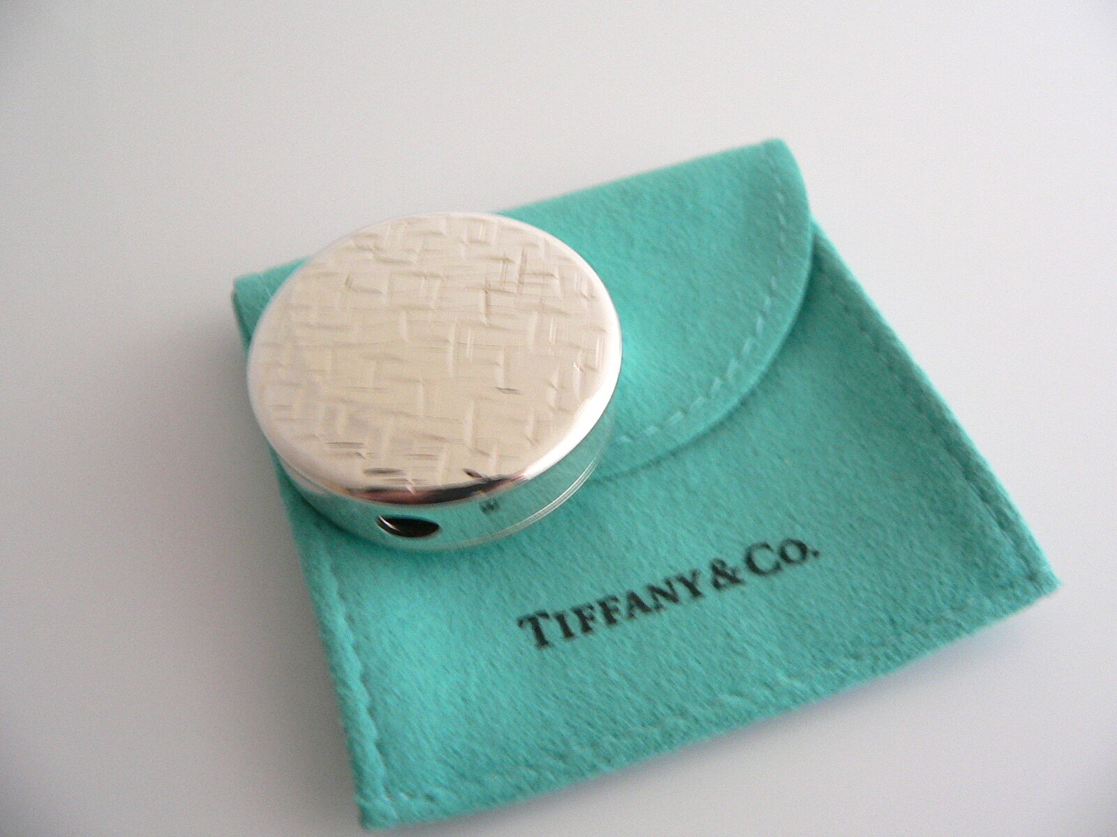 Home › Tiffany & Co Silver Circle Weave Pill Box Case Container Gift Pouch