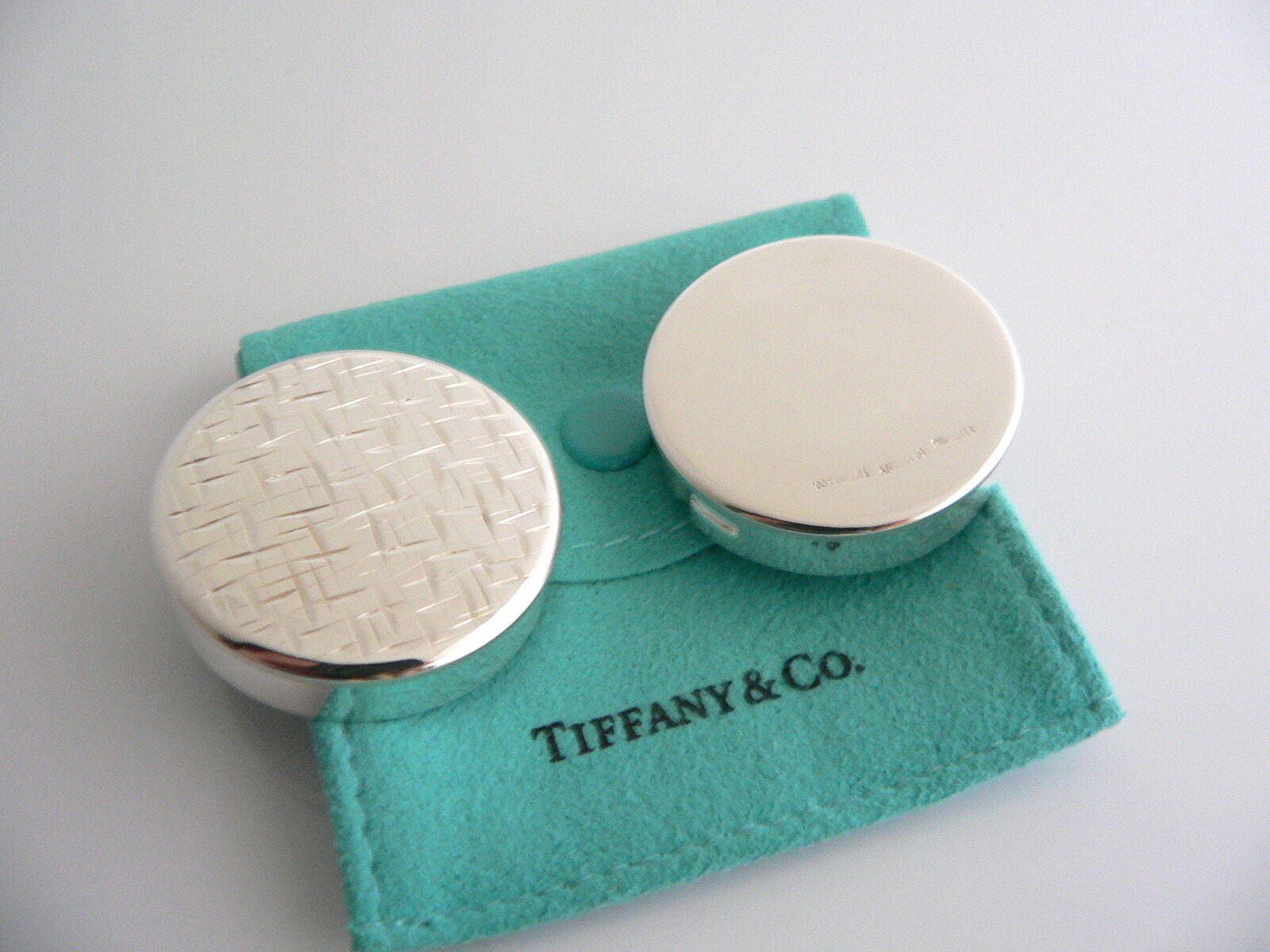 Home › Tiffany & Co Silver Circle Weave Pill Box Case Container Gift Pouch
